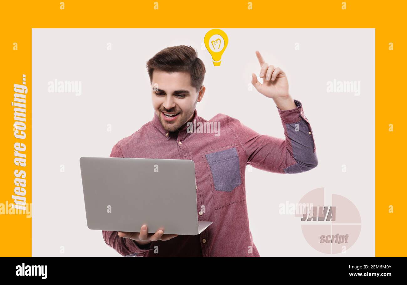 Happy male programmer with laptop on white background Stock Photo - Alamy