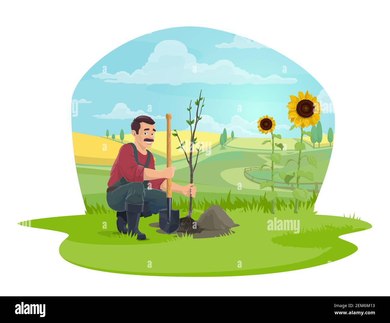 Farmer planting tree with shovel in farm garden vector icon of ...