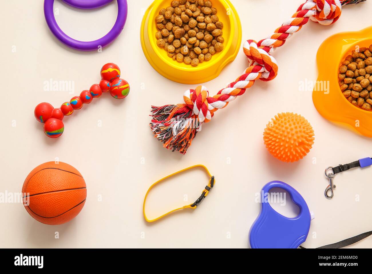 Different pet care accessories on white background Stock Photo - Alamy