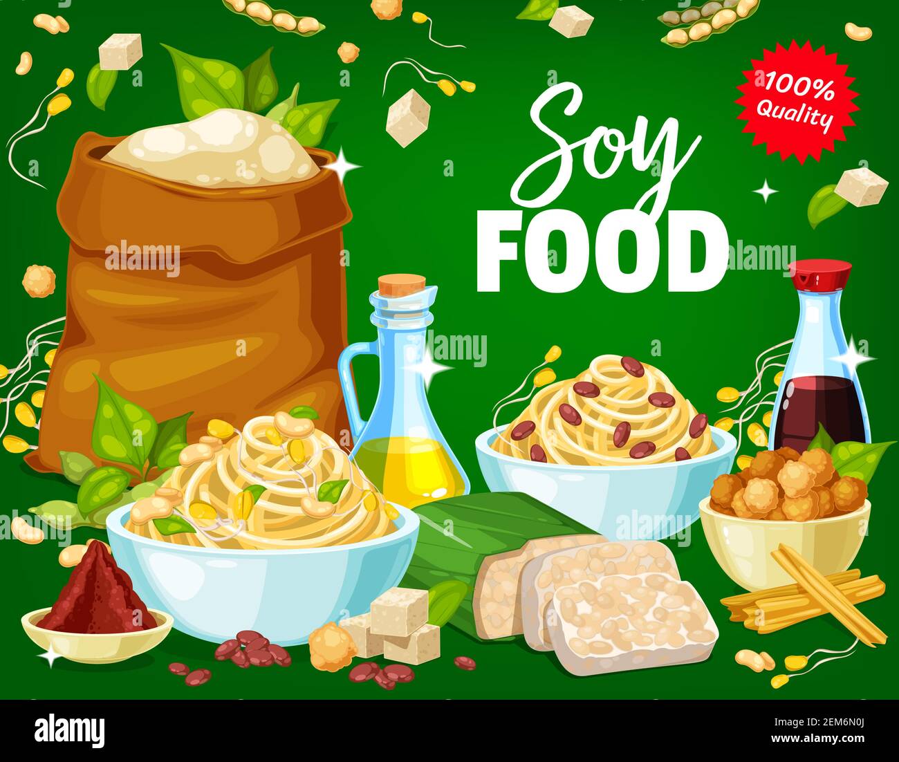 Soy food products and soybean dishes, vector poster. Organic vegetarian ...