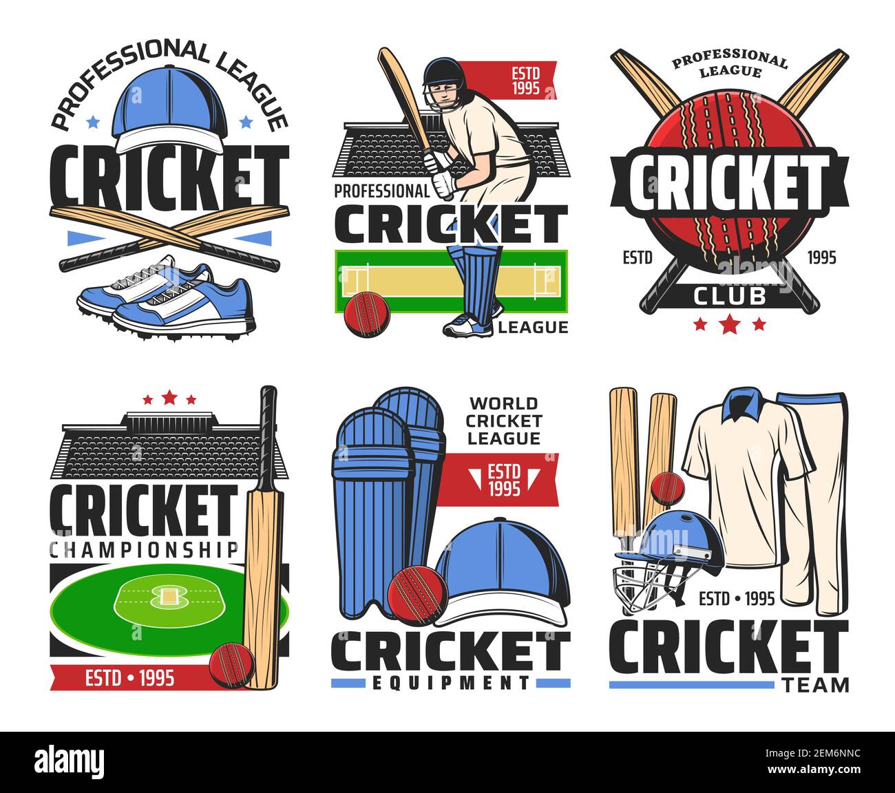 Cricket sport icons with vector game balls, bats, stadium play fields ...
