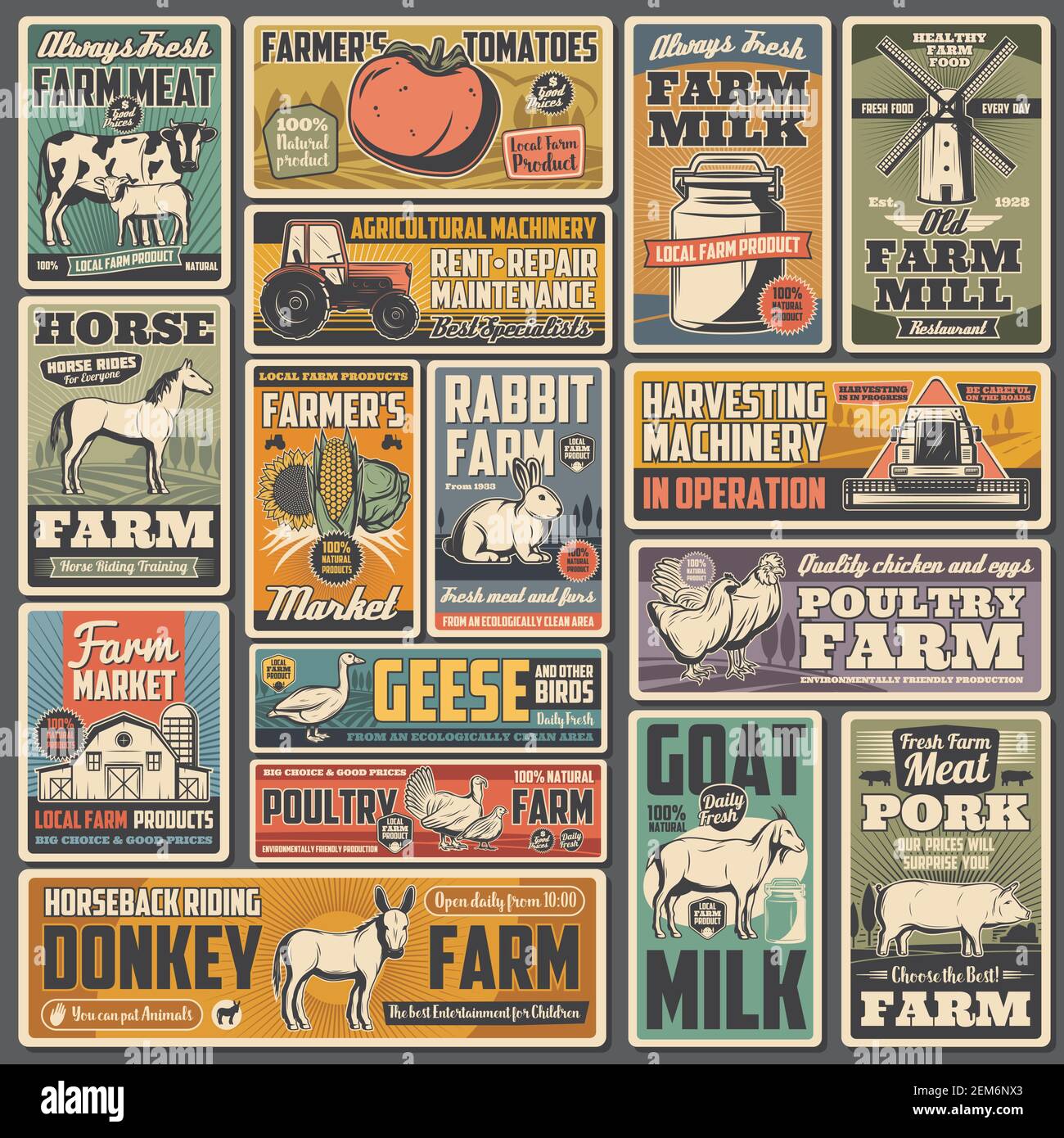 Agriculture retro posters with vector farm animals, tractor, barn and ...