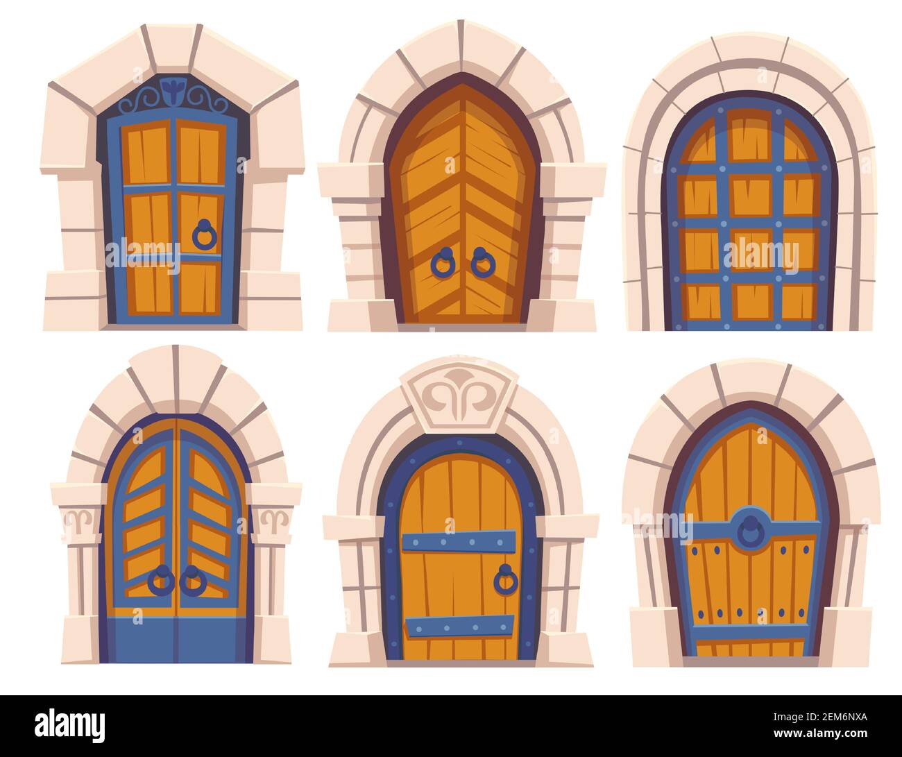 Cartoon doors, medieval castle wooden and stone arched entries to ...
