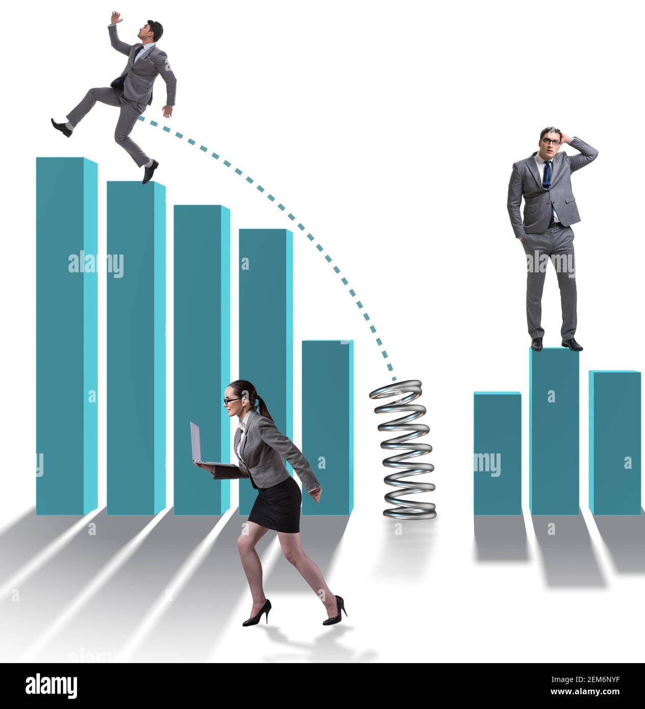 The business people jumping over bar charts Stock Photo - Alamy