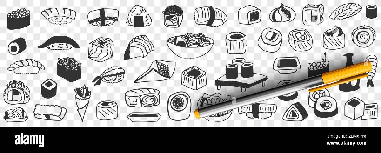 Japanese traditional foods doodle set. Collection of hand drawn asian ...