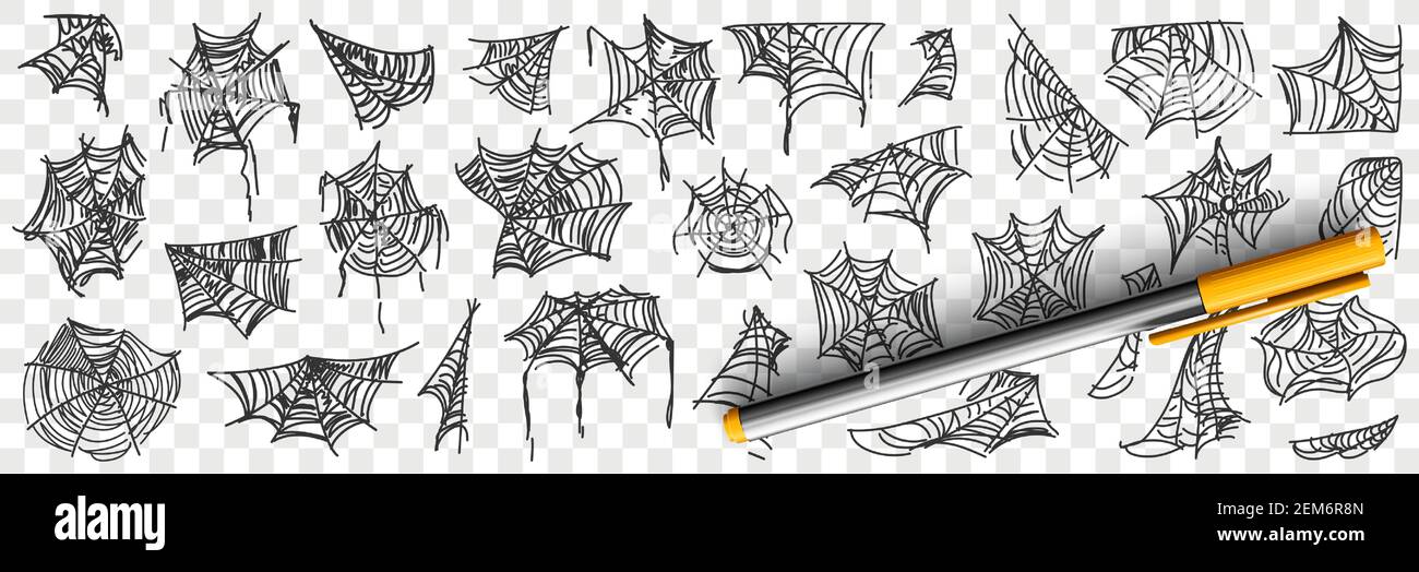 Spider web patterns doodle set. Collection of hand drawn silhouette of ...