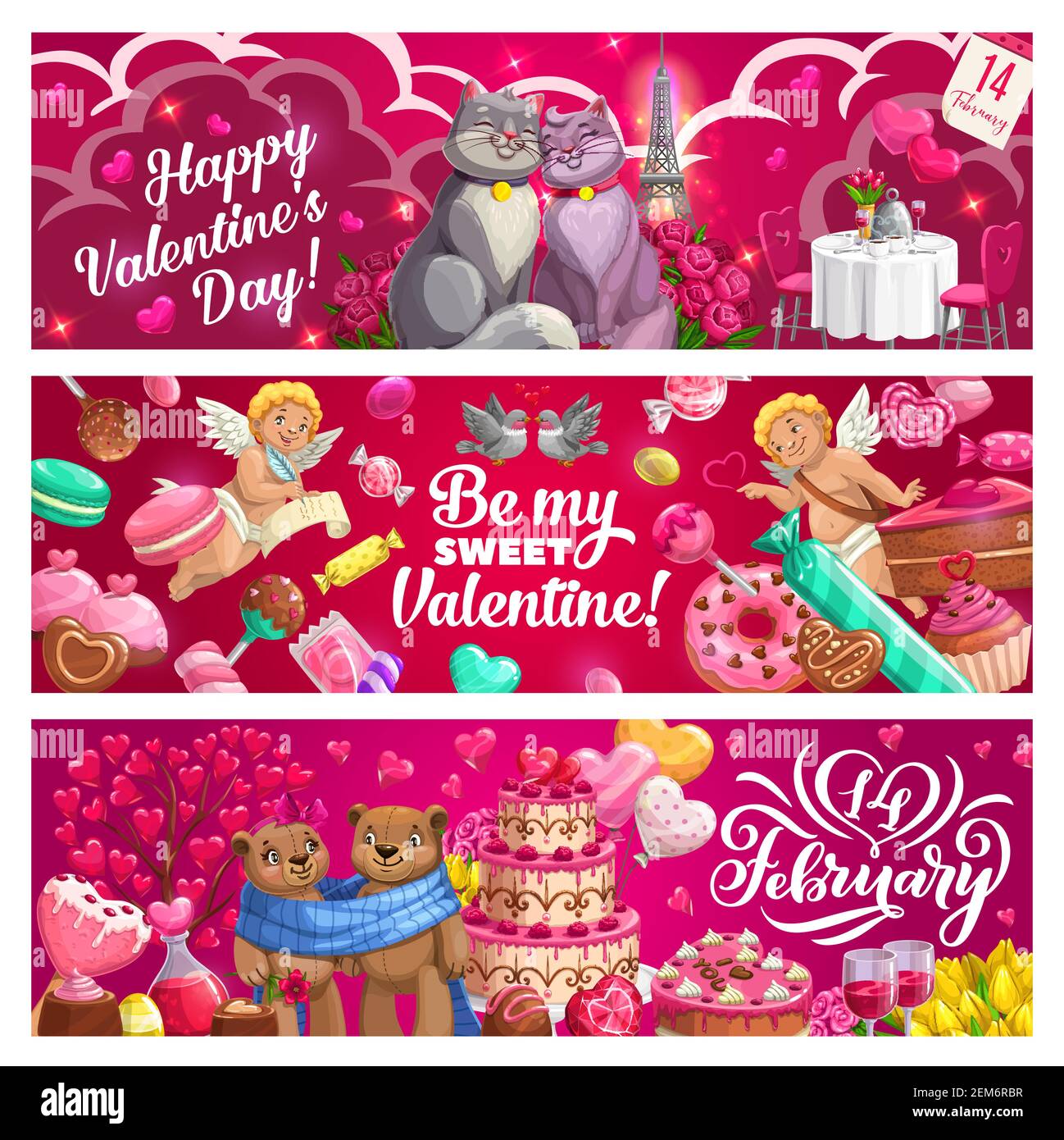 Valentines day vector banners of love holiday. Romantic gifts, hearts ...