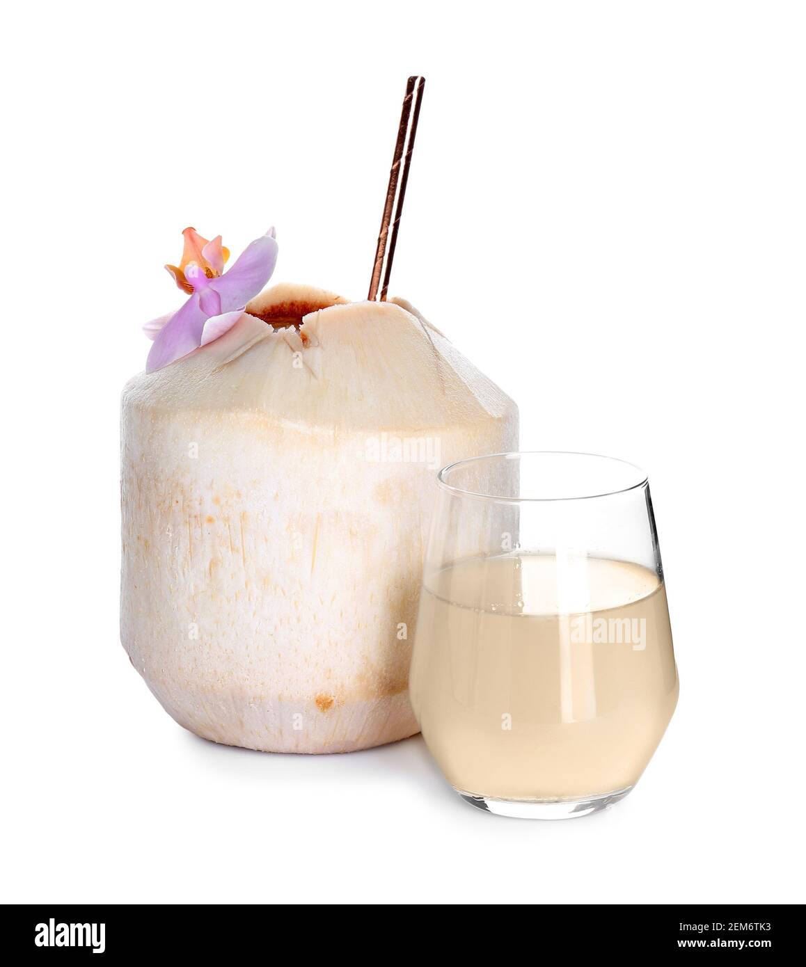 Glass of tasty coconut water on white background Stock Photo - Alamy