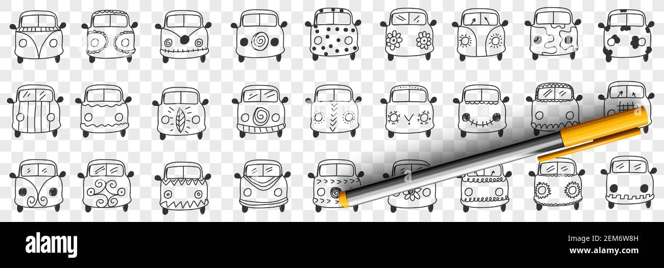 Cars hood and windshield doodle set. Collection of hand drawn cars ...