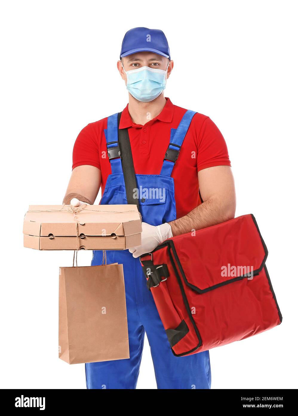 Courier of food delivery service on white background Stock Photo - Alamy