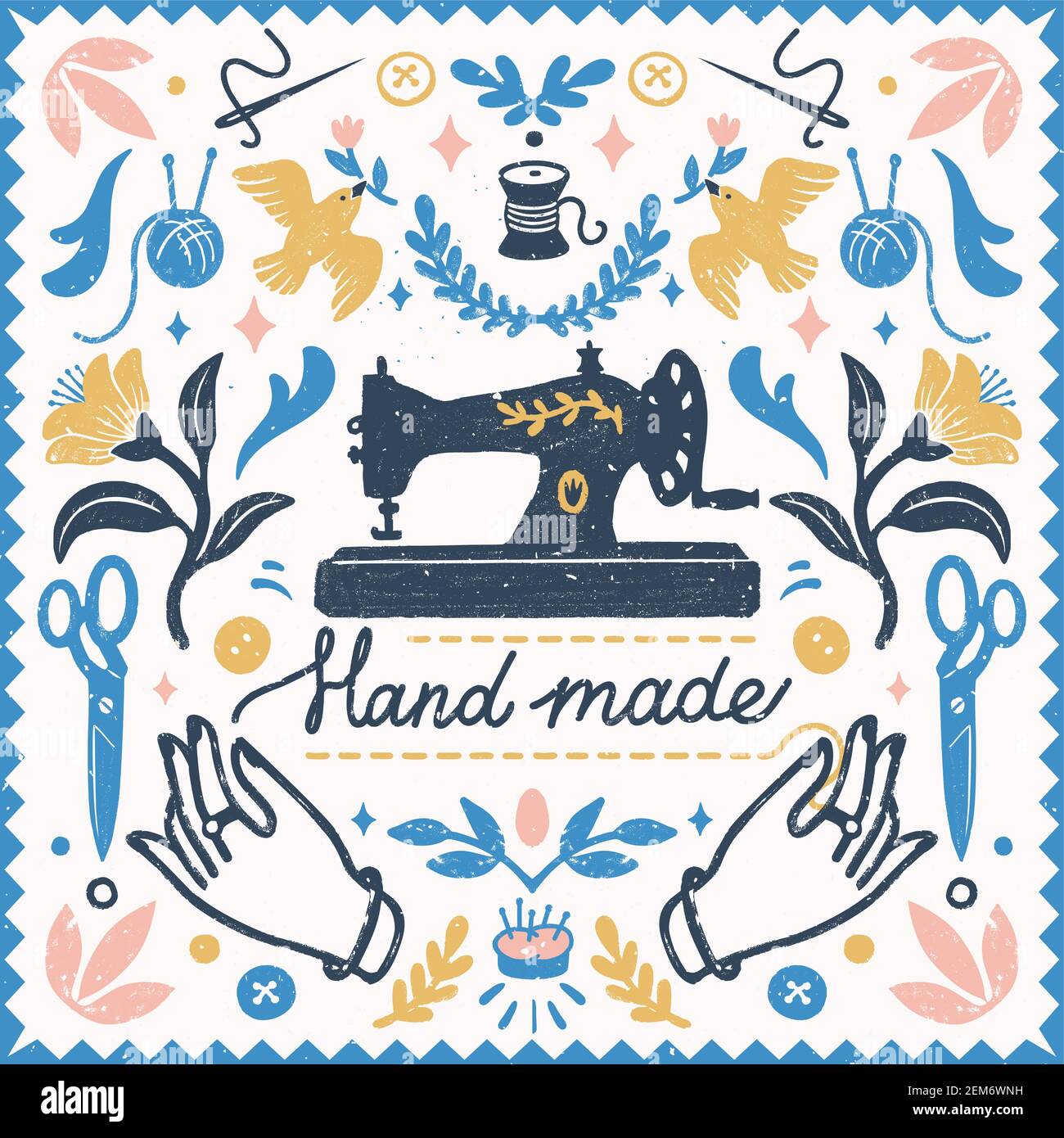 Handmade Symmetric Vector Composition Vintage Elements In Stamp Style And Sewing Machine With