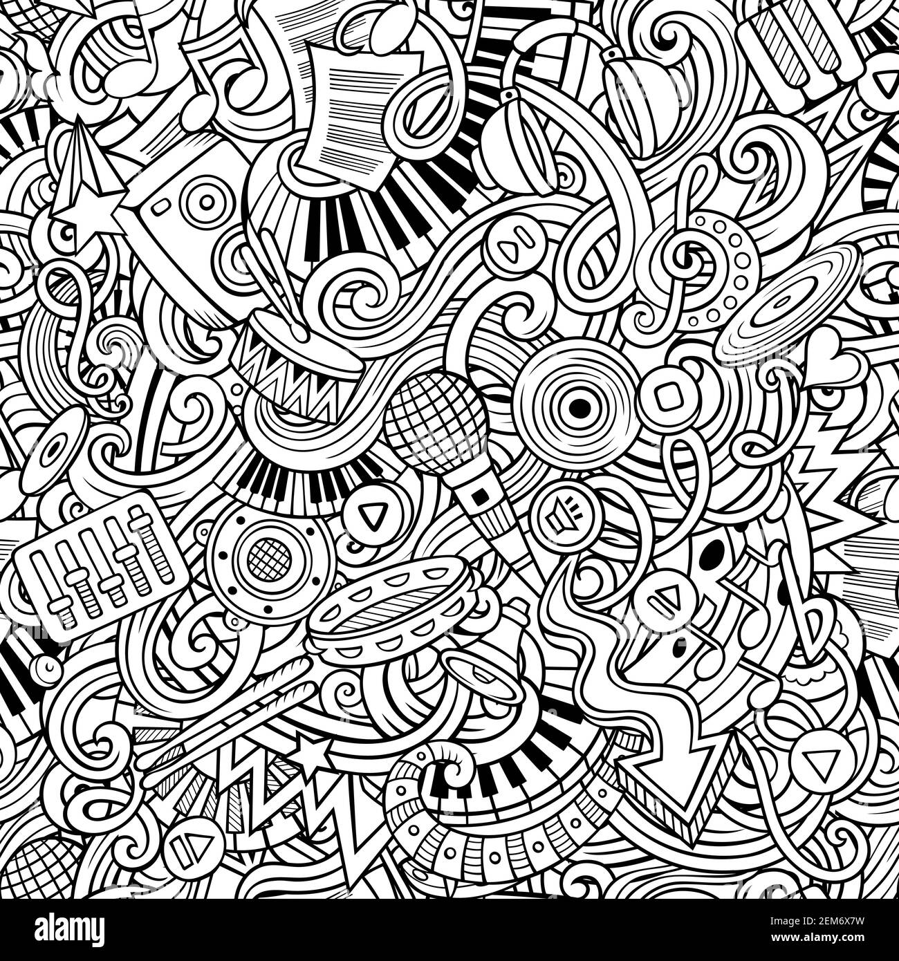 Music hand drawn doodles seamless pattern. Musical instruments ...