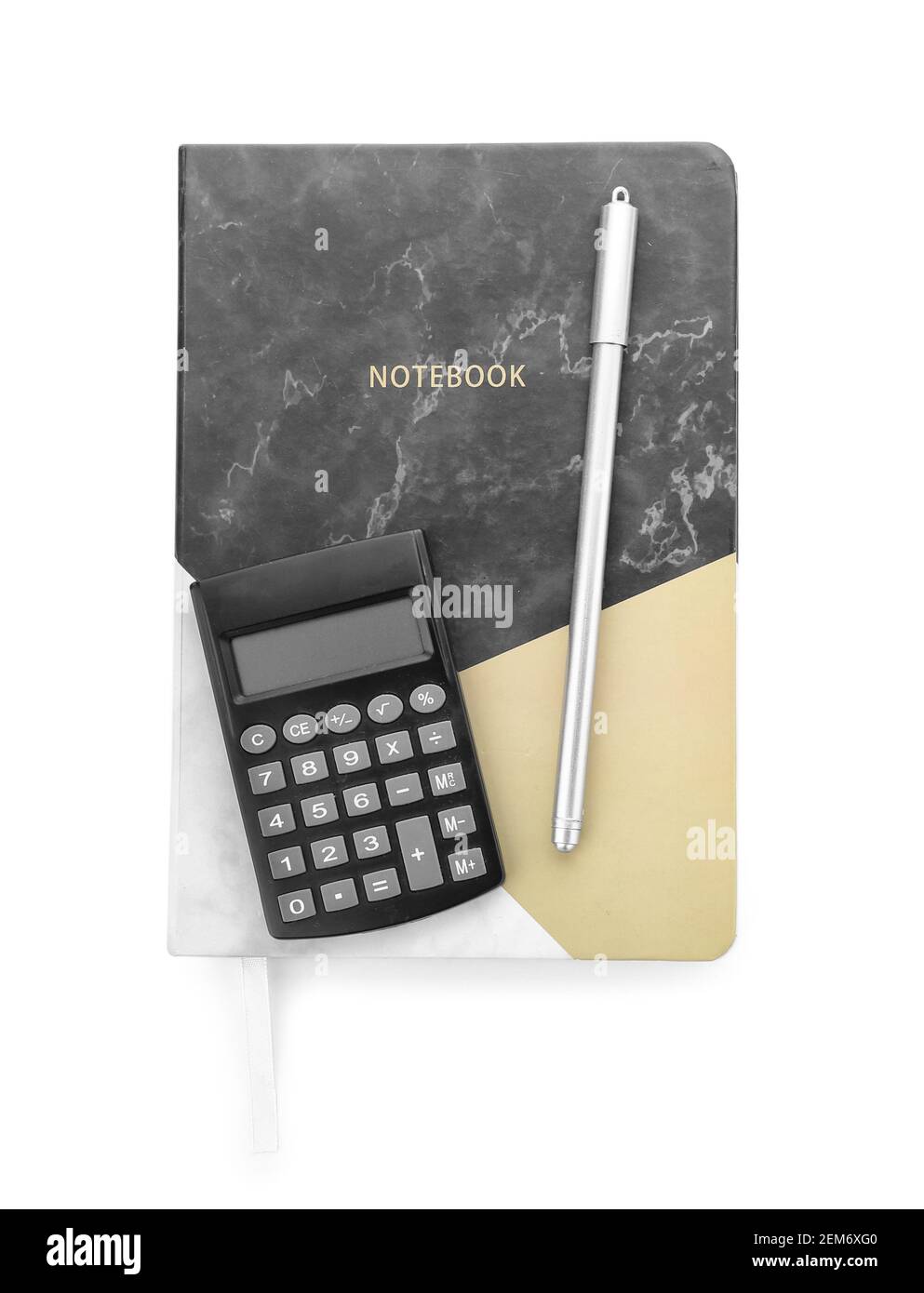 Modern calculator, pen and notebook on white background Stock Photo - Alamy