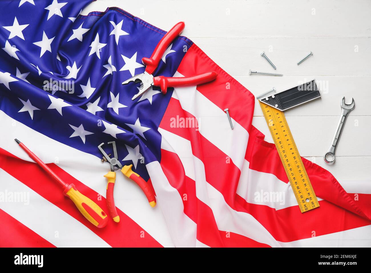 Set of tools and USA flag on white background. Labor Day celebration ...