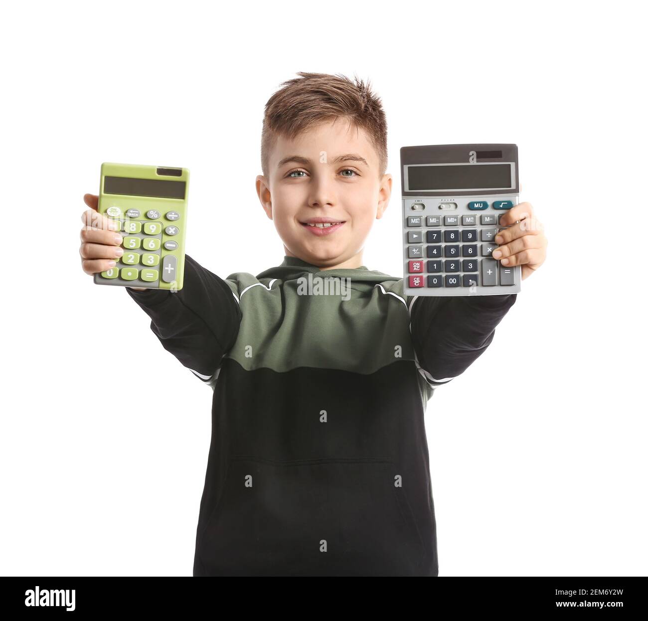 Little boy with calculators on white background Stock Photo - Alamy