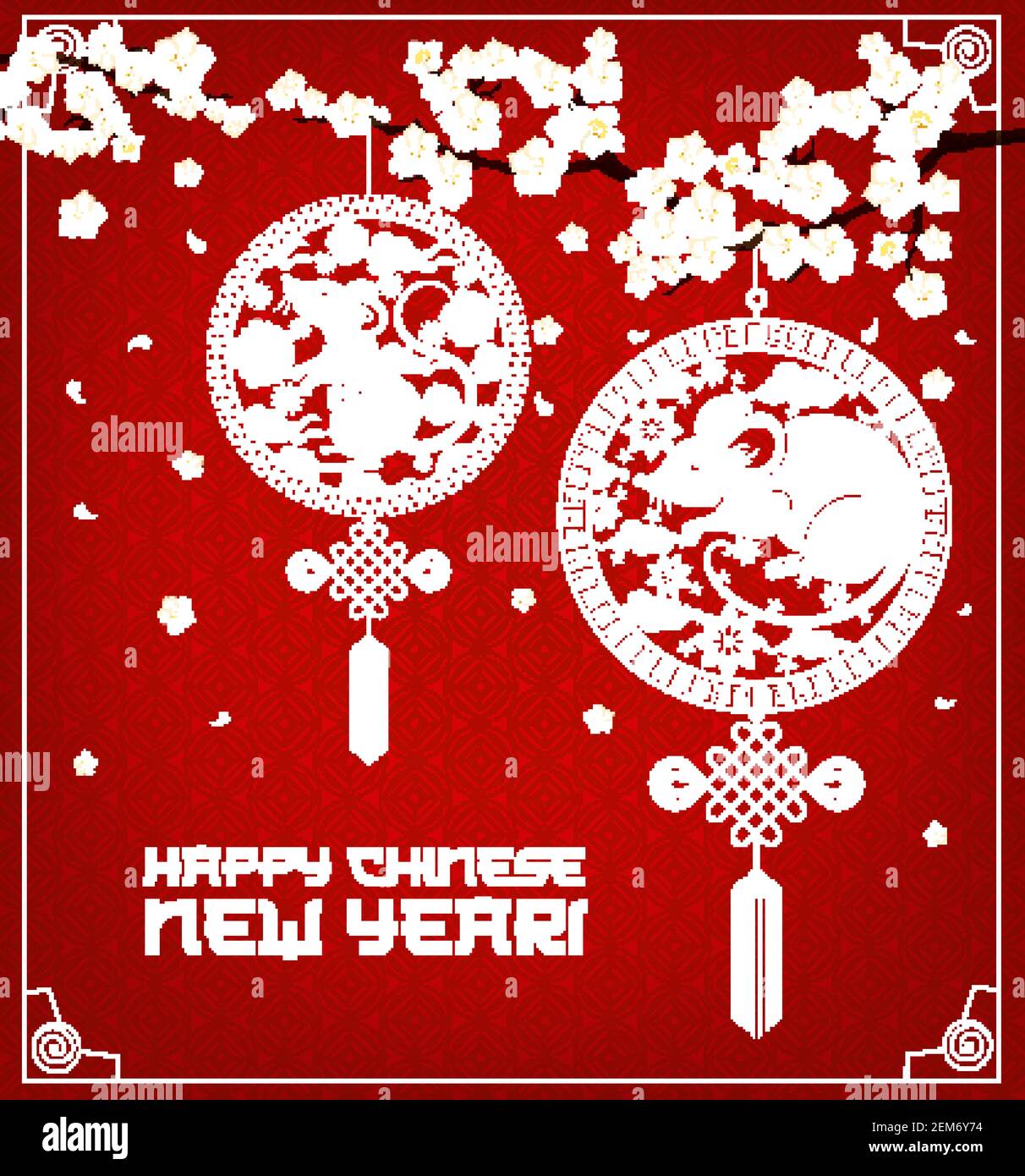Chinese New Year animal zodiac rats and lanterns hanging on blooming ...