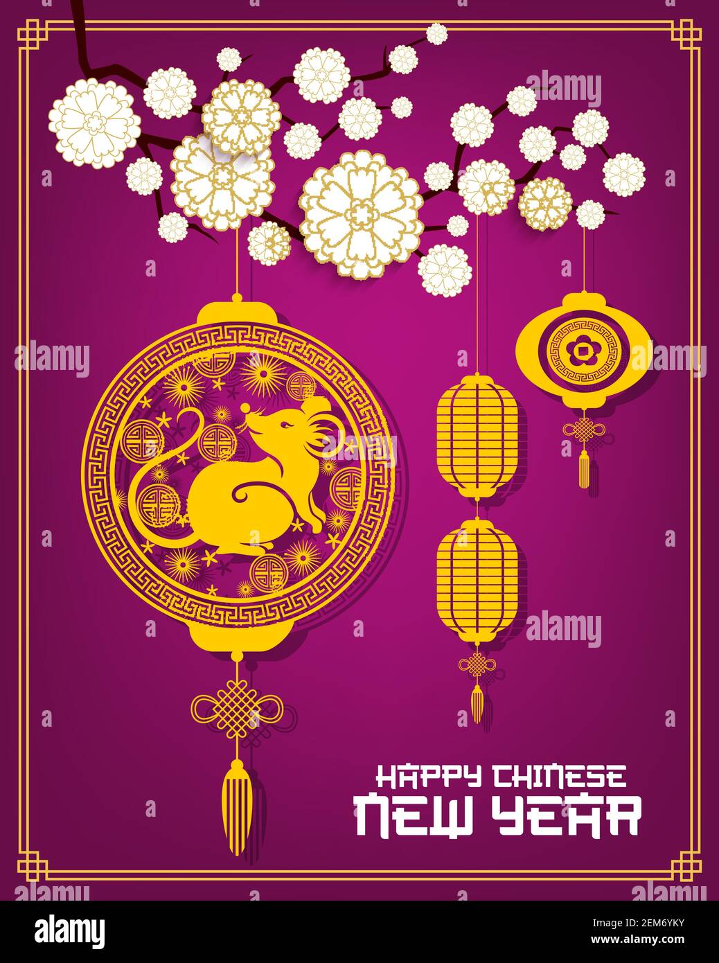 Chinese lanterns with Lunar New Year rat vector design. Golden mouse ...