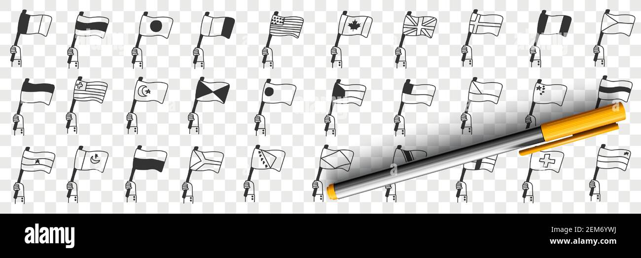National Flags of countries doodle set. Collection of hand drawn flags ...