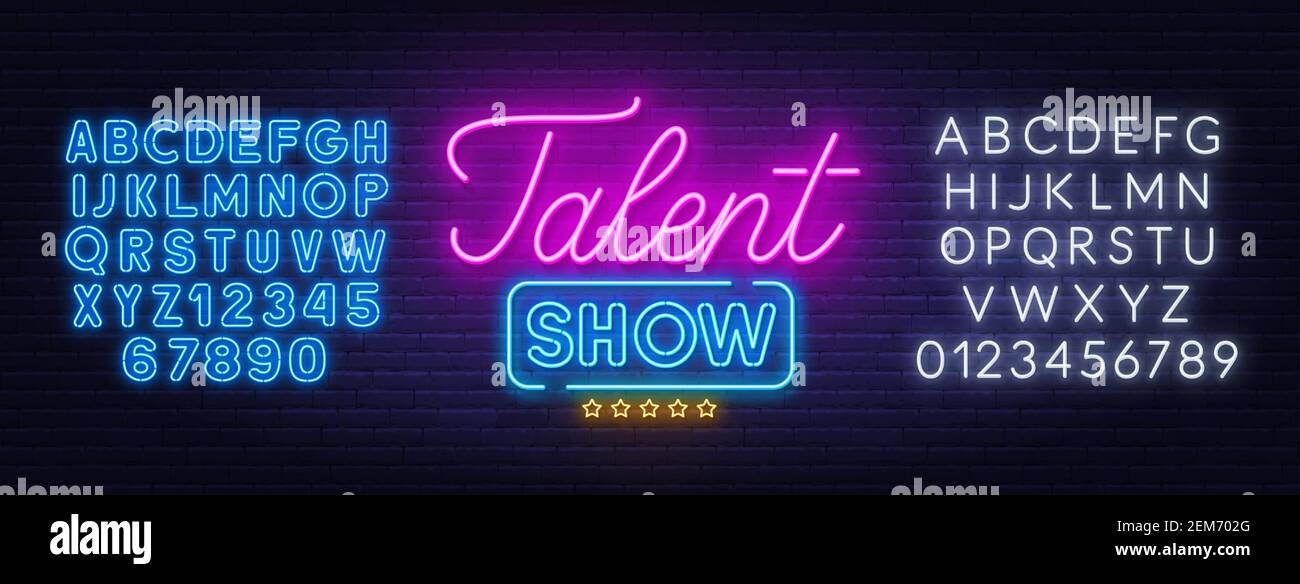 Talent show neon sign on brick wall background. Blue and white neon ...