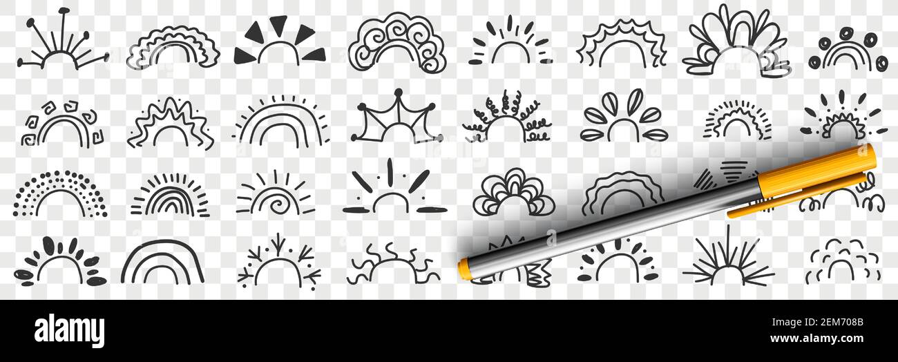 Rainbow patterns and rays drawings doodle set. Collection of hand drawn ...