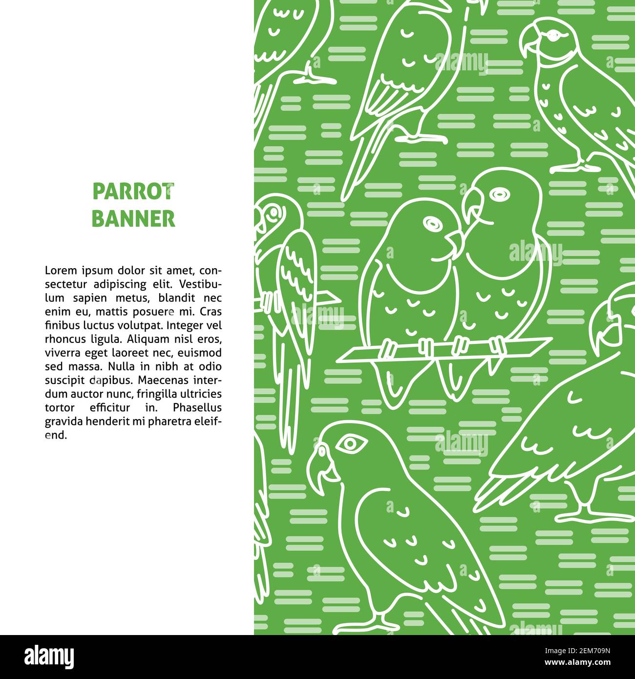 Green background with parrot icons in line style. Banner template with ...