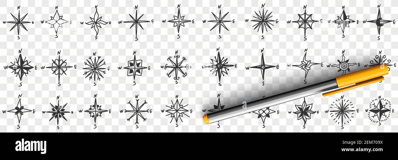 Cardinal points on compass doodle set. Collection of hand drawn ...
