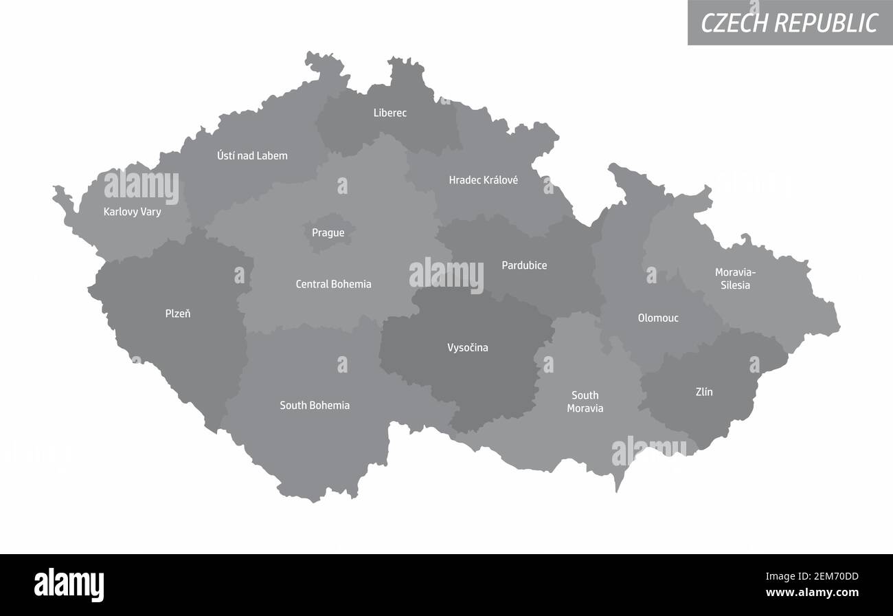 The Czech Republic isolated map divided in grayscale areas with labels ...