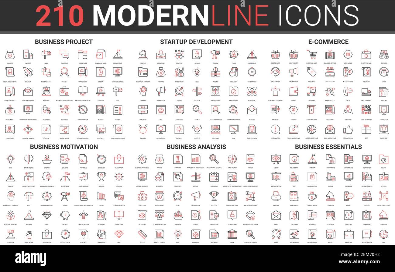 Corporate business startup red black thin line icon set of financial ...