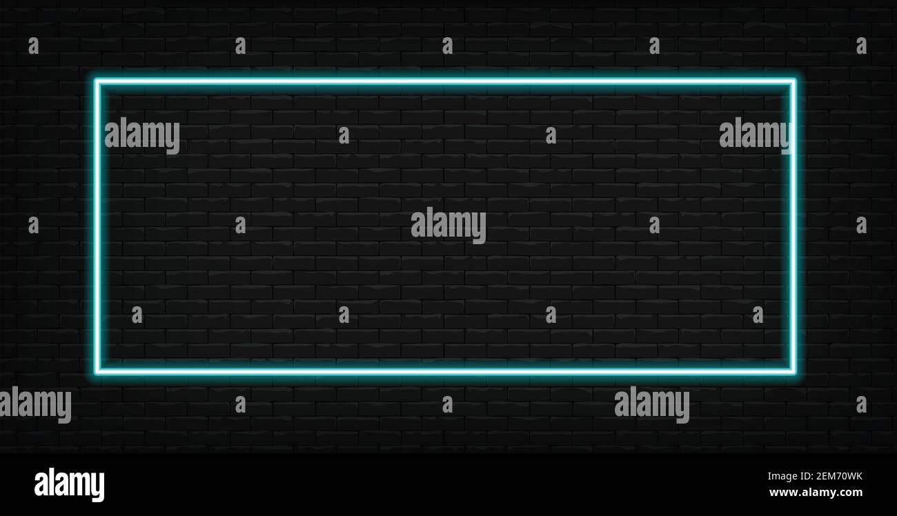 Neon blue light on dark black brick wall vector illustration. Neon ...