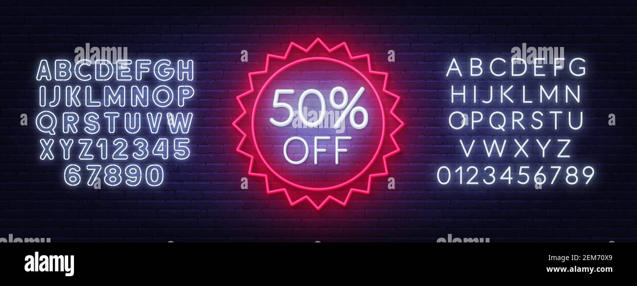 50 percent off neon sign in a heart shape frame. Discount lighting sign ...