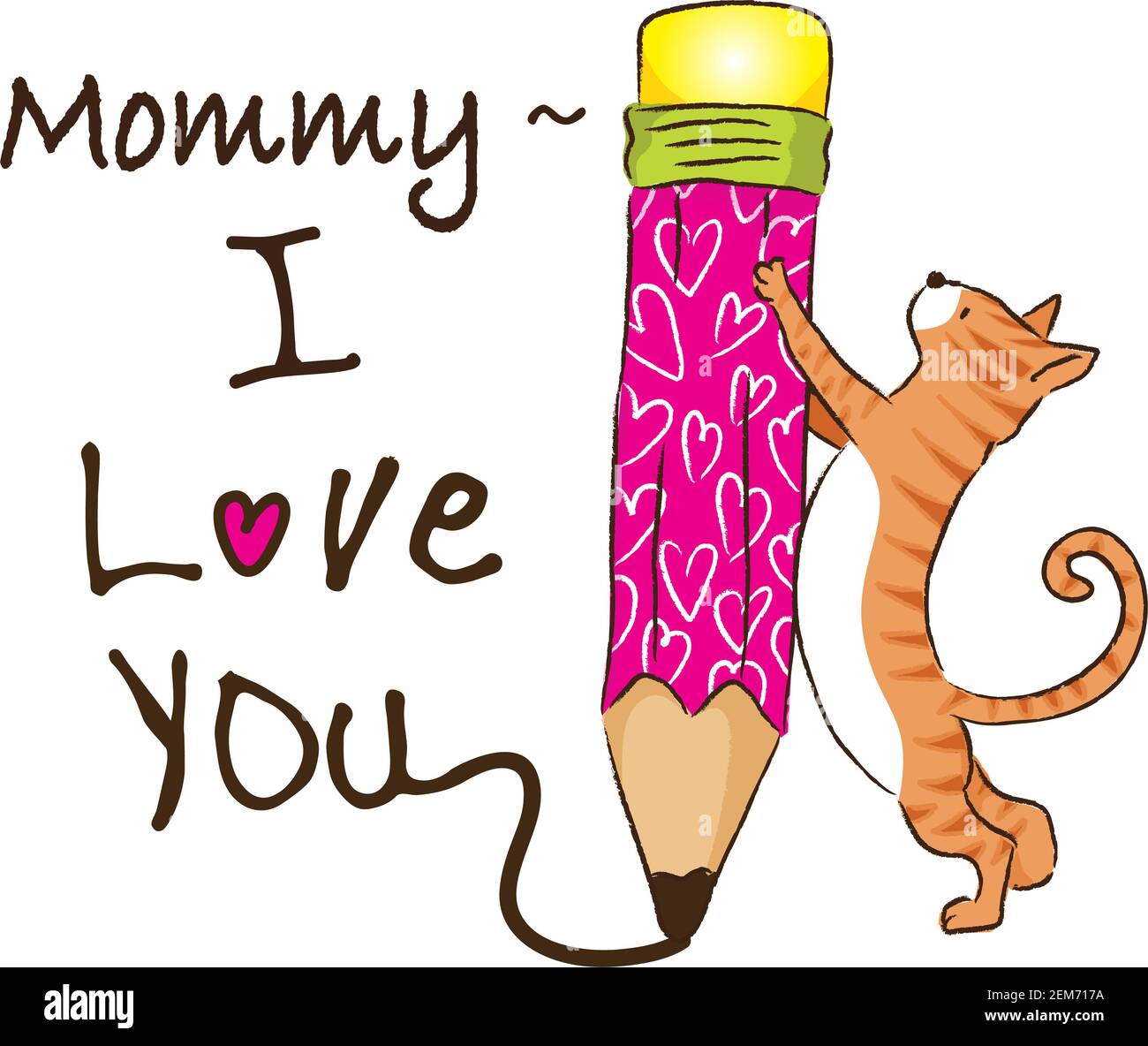vector cartoon cat hold big pencil and write: Mother’s day card Stock ...