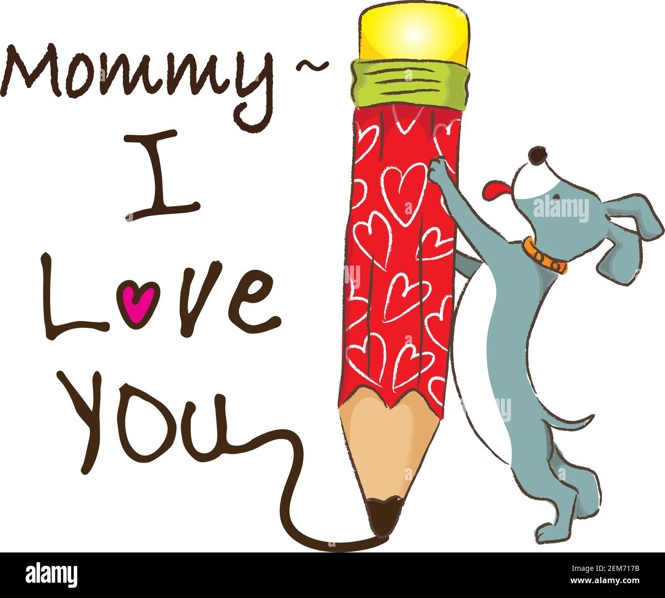 vector cartoon dog hold big pencil and write: Mother’s day card Stock ...