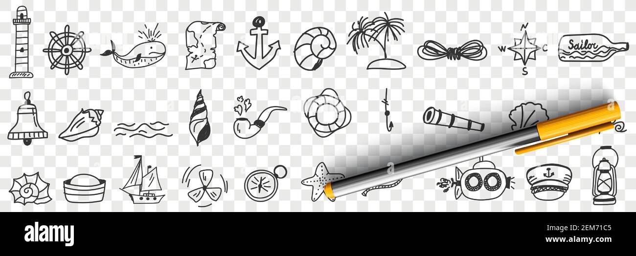 Sailing and nautical equipment doodle set. Collection of hand drawn ...