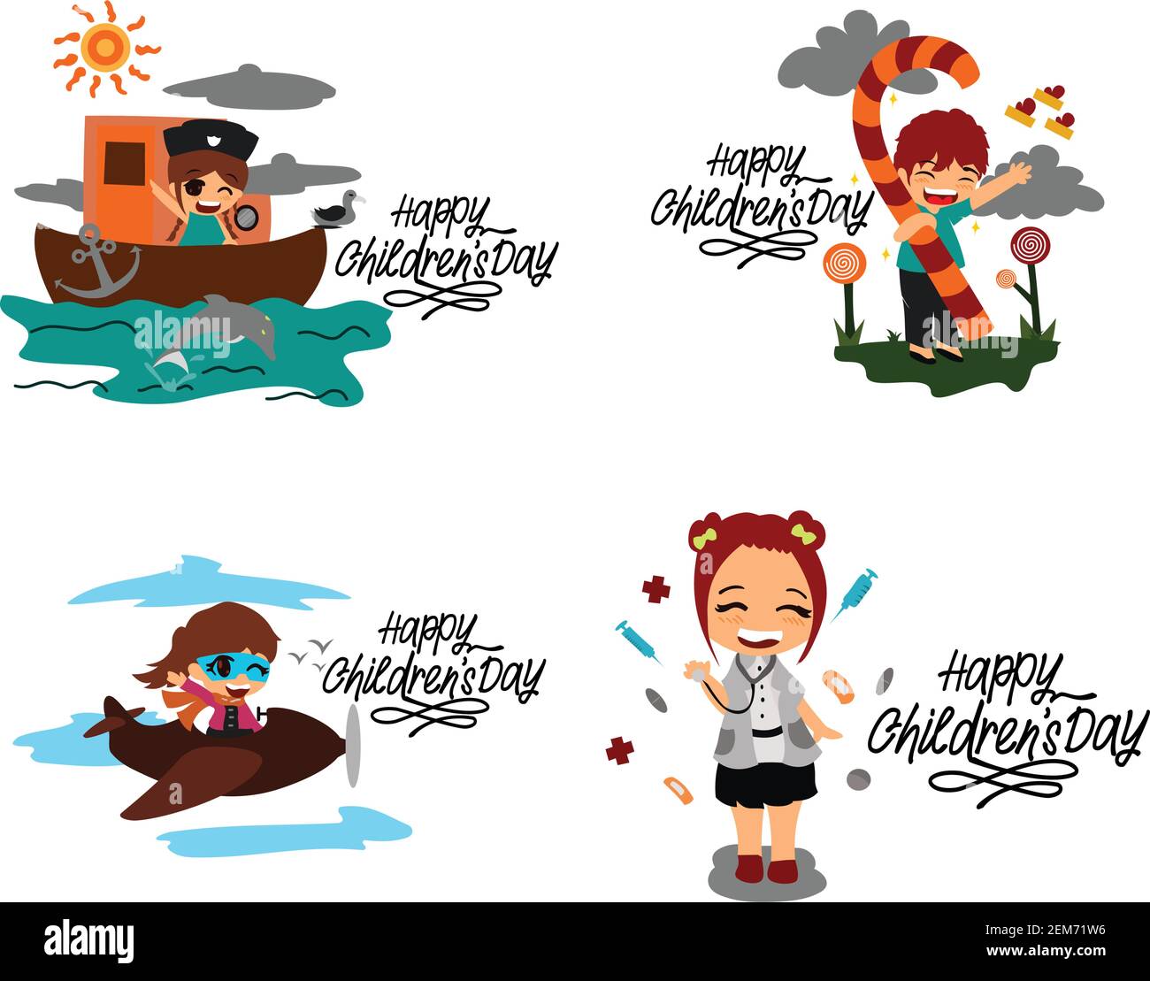 Kids Playing With Different Gestures, Poses and Situations Set. Happy ...