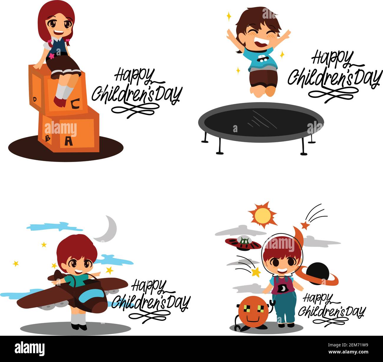 Kids Playing With Different Gestures, Poses and Situations Set. Happy ...