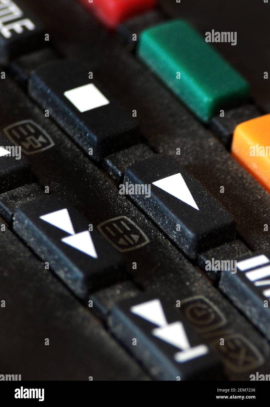 Close-up view of Television or TV remote control with operational keys ...