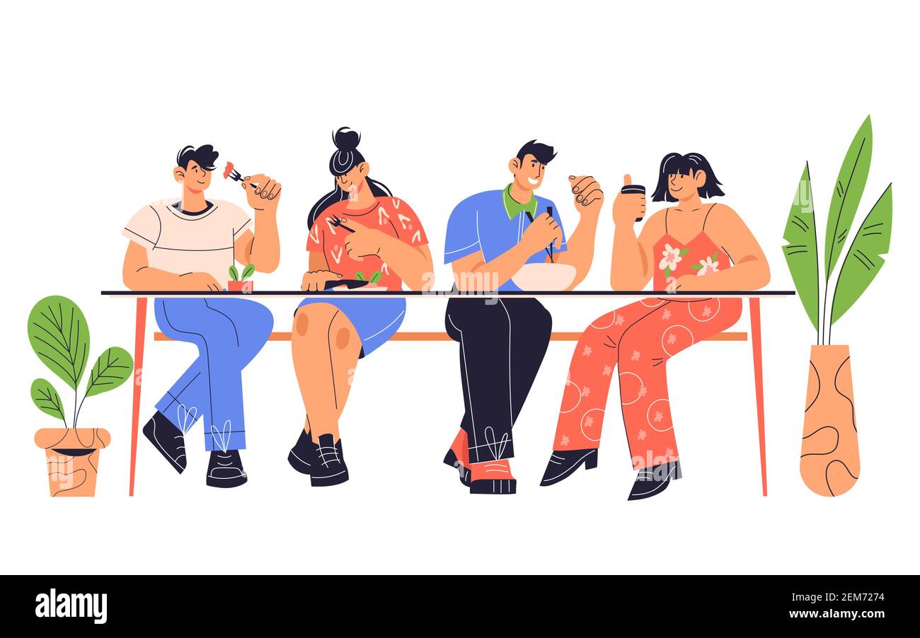 People, men and women sitting at table and dining, cartoon flat vector ...