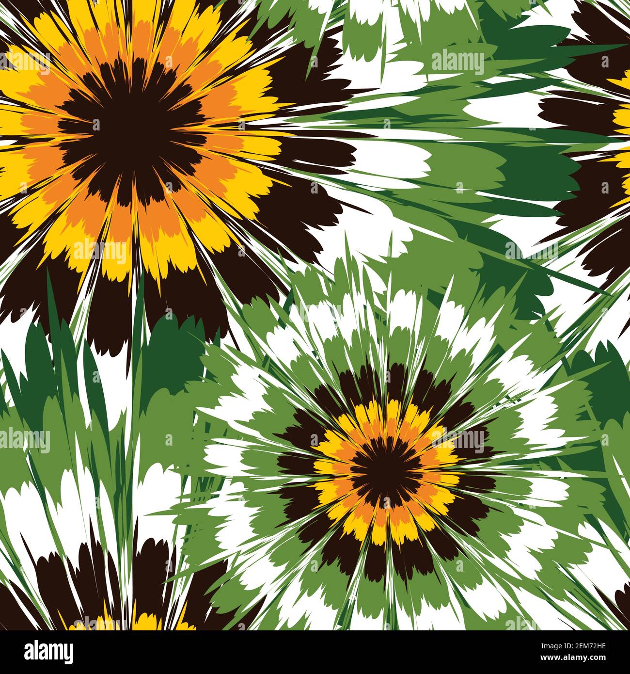 Seamless vector pattern with tie dye style sunflowers. Floral wallpaper design with abstract ...