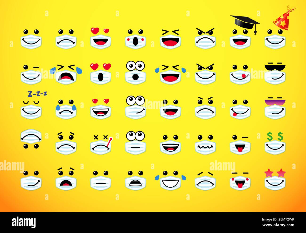 Big set of emoticon pandemic icons. Yellow background. Isolated ...