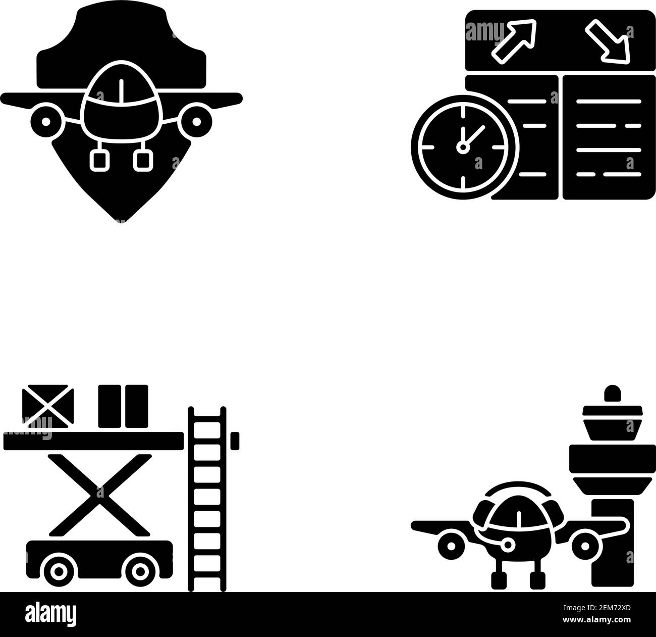Civil aviation safety flights black glyph icons set on white space ...