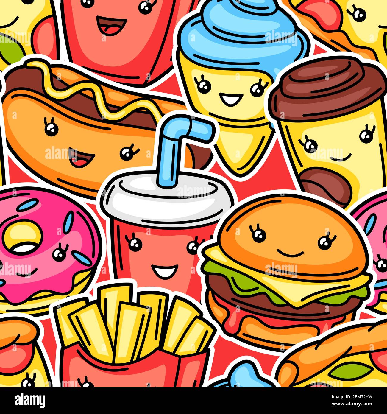 Seamless pattern with cute kawaii fast food meal Stock Vector Image ...