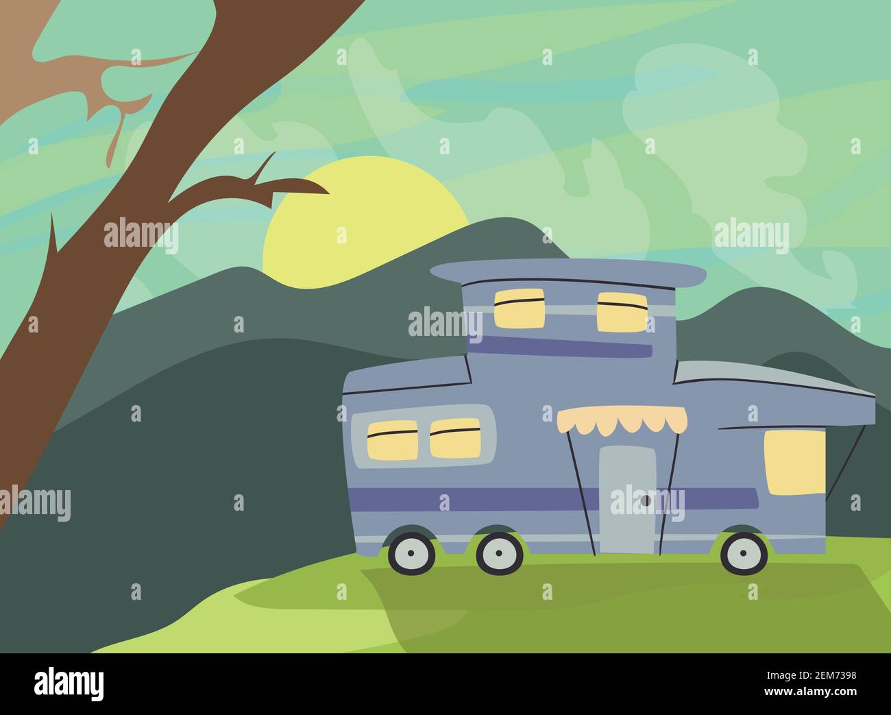 purple camper trailer at sunset design of caravan trip camp adventure ...