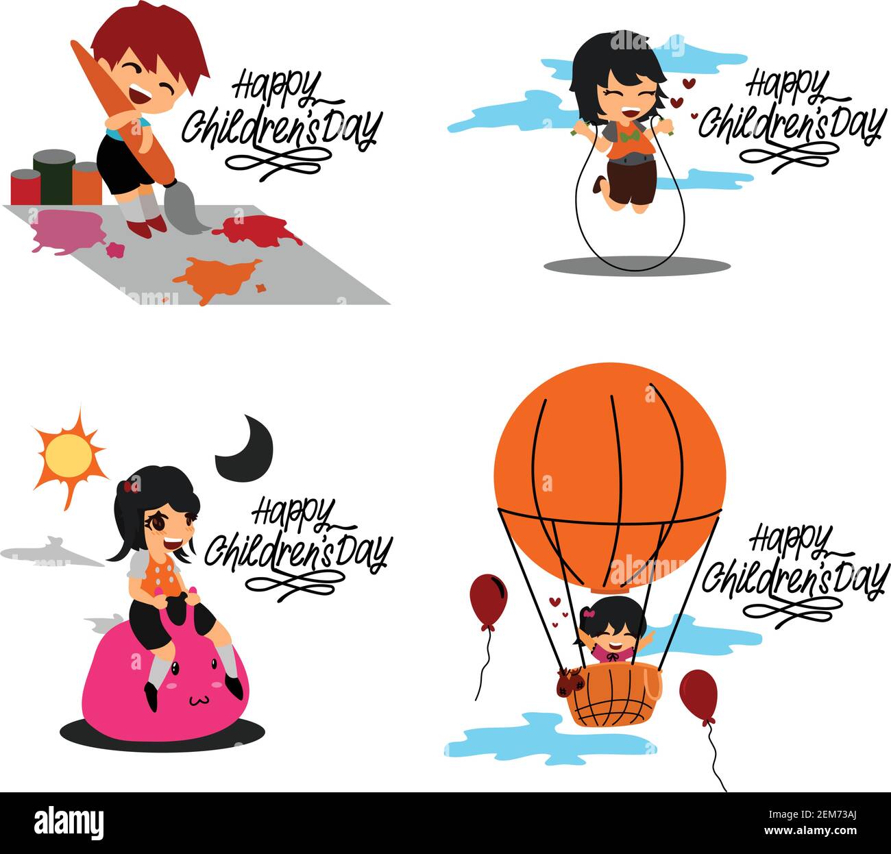 Kids Playing With Different Gestures, Poses and Situations Set. Happy ...