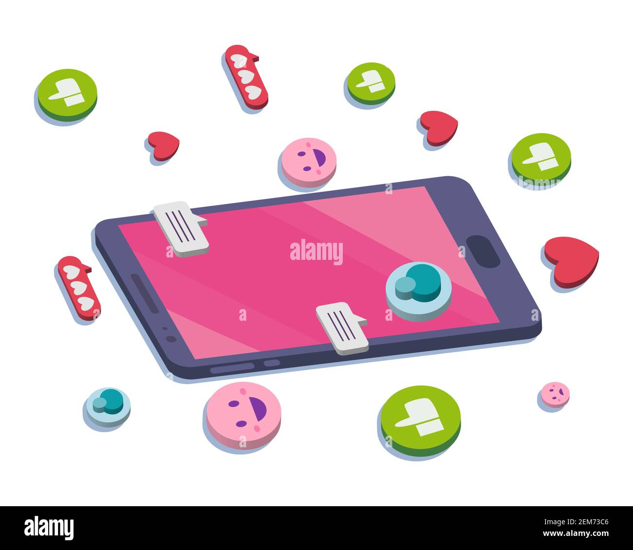 isometric smartphone with social media bubbles likes emojis and hearts ...