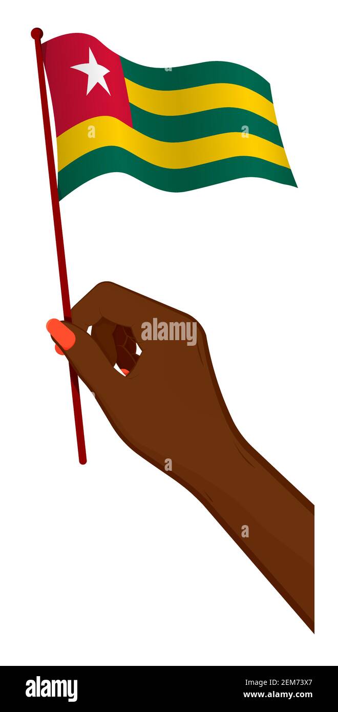 Female hand gently holds small flag of Togolese Republic. Holiday design element. Cartoon vector ...