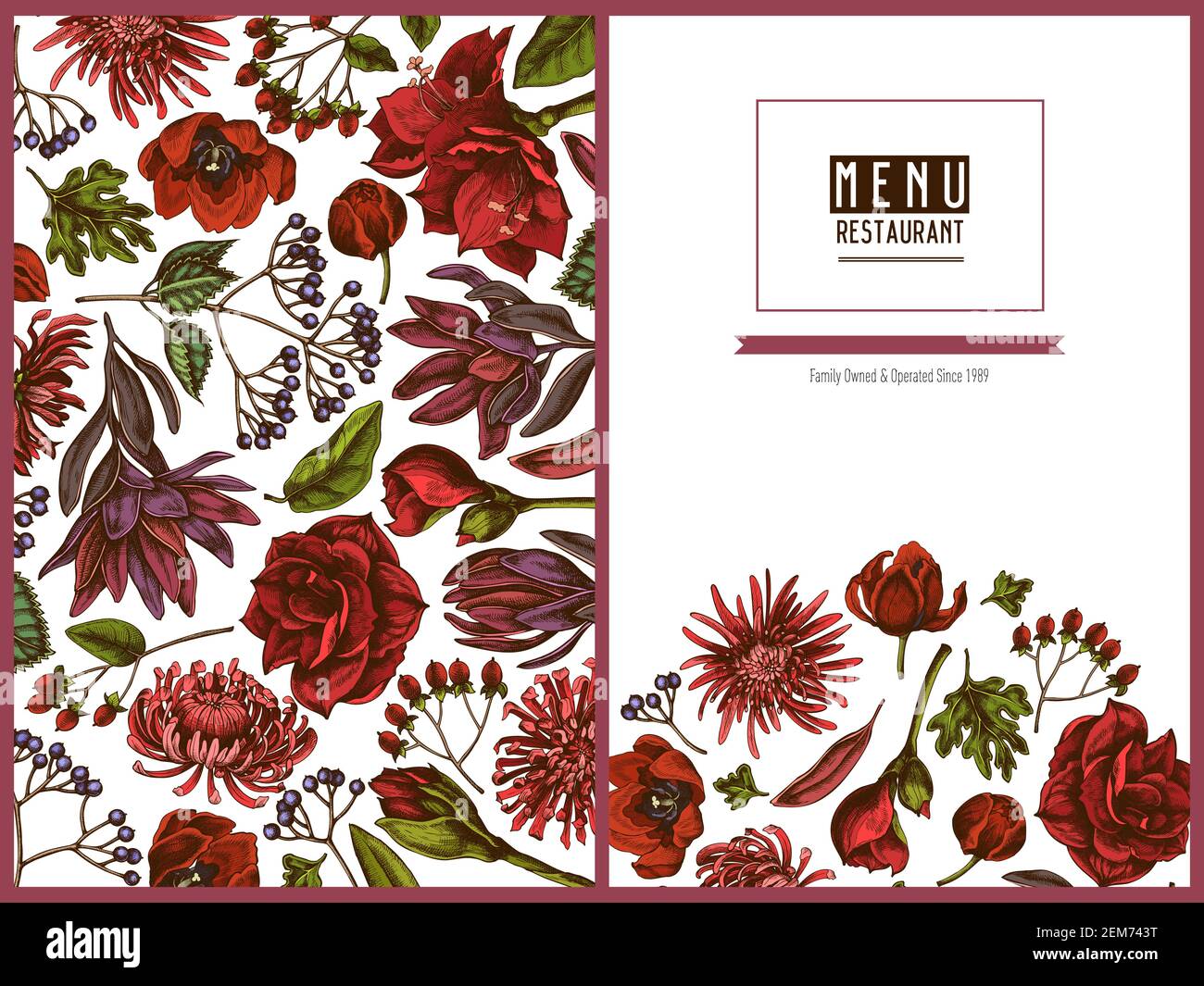 Menu cover floral design with colored viburnum, hypericum, tulip, aster ...