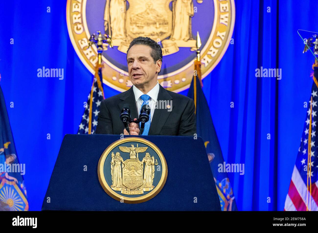 New York State Governor Andrew Cuomo is an address during his third ...