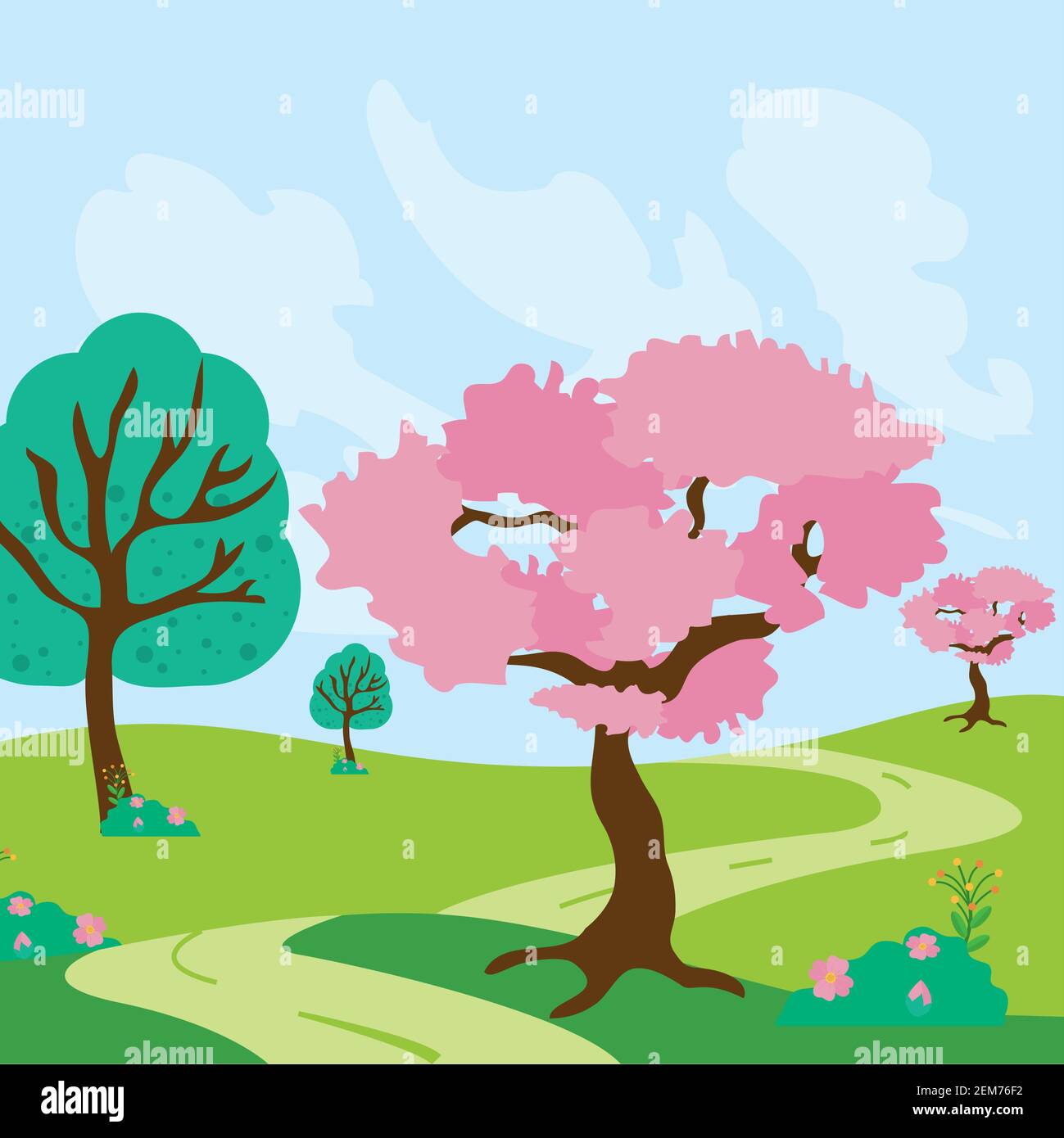 Spring pink tree and road landscape design, Season natural floral ...
