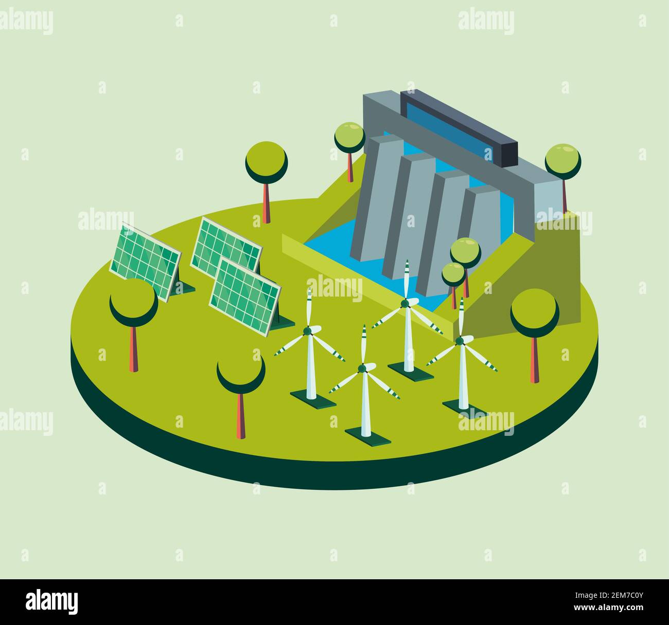 Ecological dam solar panels and wind mills isometric design, Save ...