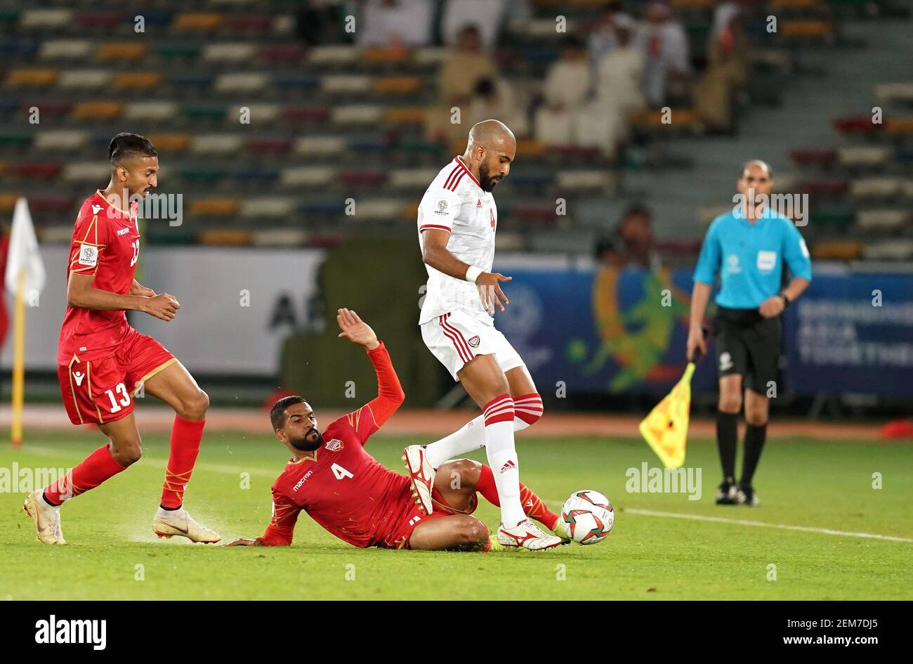 Sayed Dhiya Saeed of Bahrain tackling Bandar Al-Ahbabi of United Arab ...